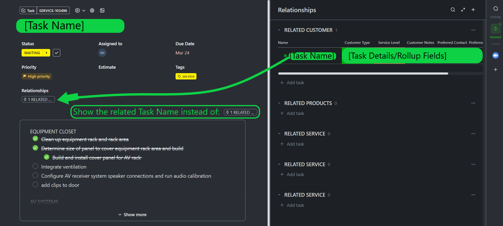 TASK 3.0 Relationships should show the related Task Name, not just that ...