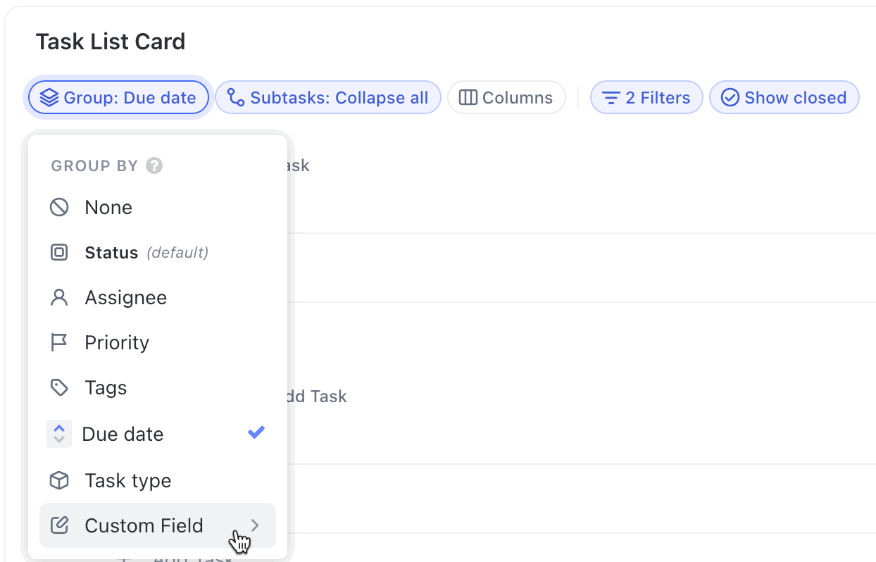 Allowing Grouping in Task List Widget in the Dashboard | Voters | ClickUp