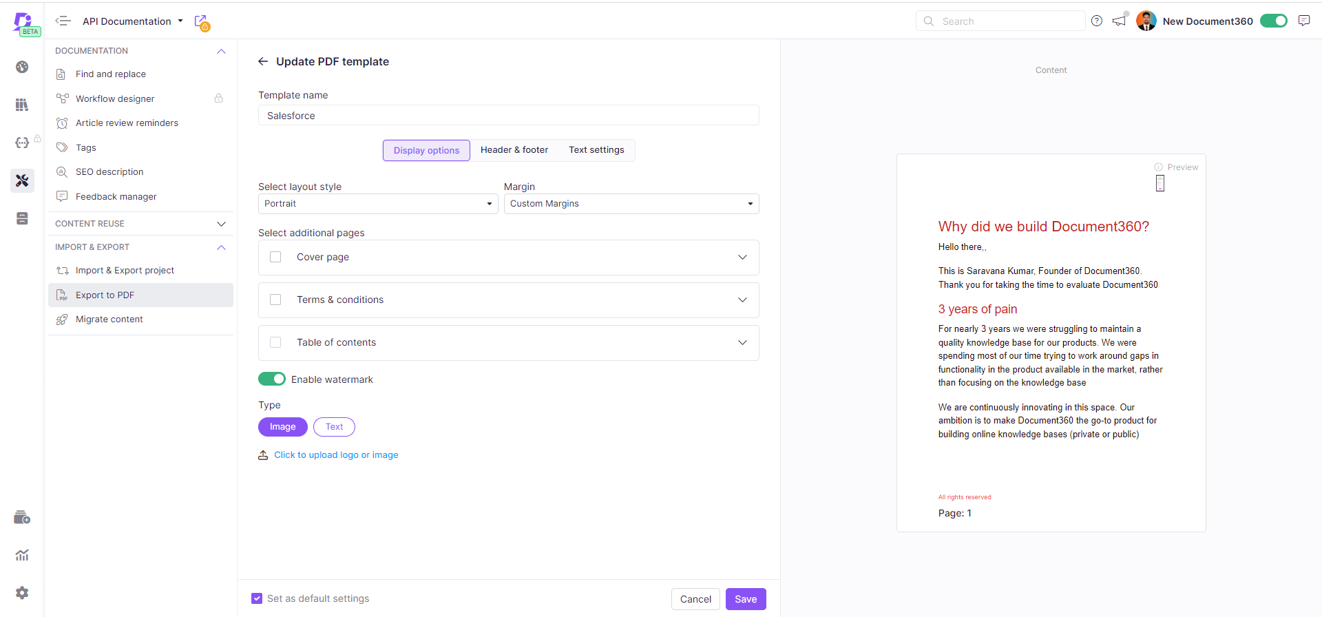 Create an option to disable ToC for exported PDFs | Voters | Document360