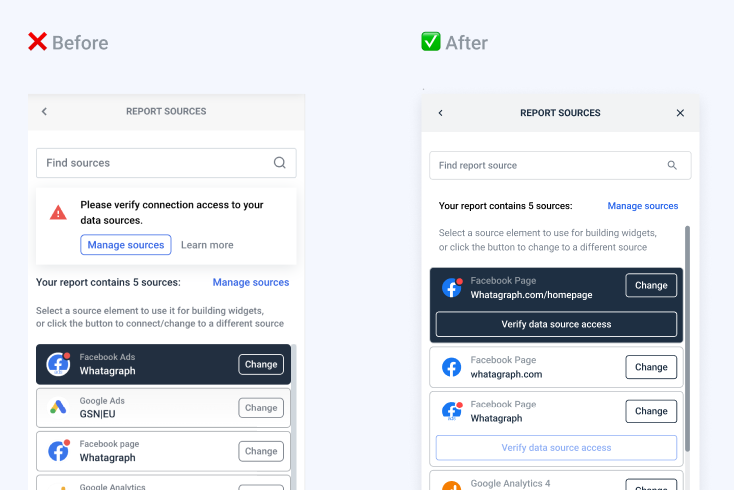 Verify your source access without leaving a report | Whatagraph Changelog