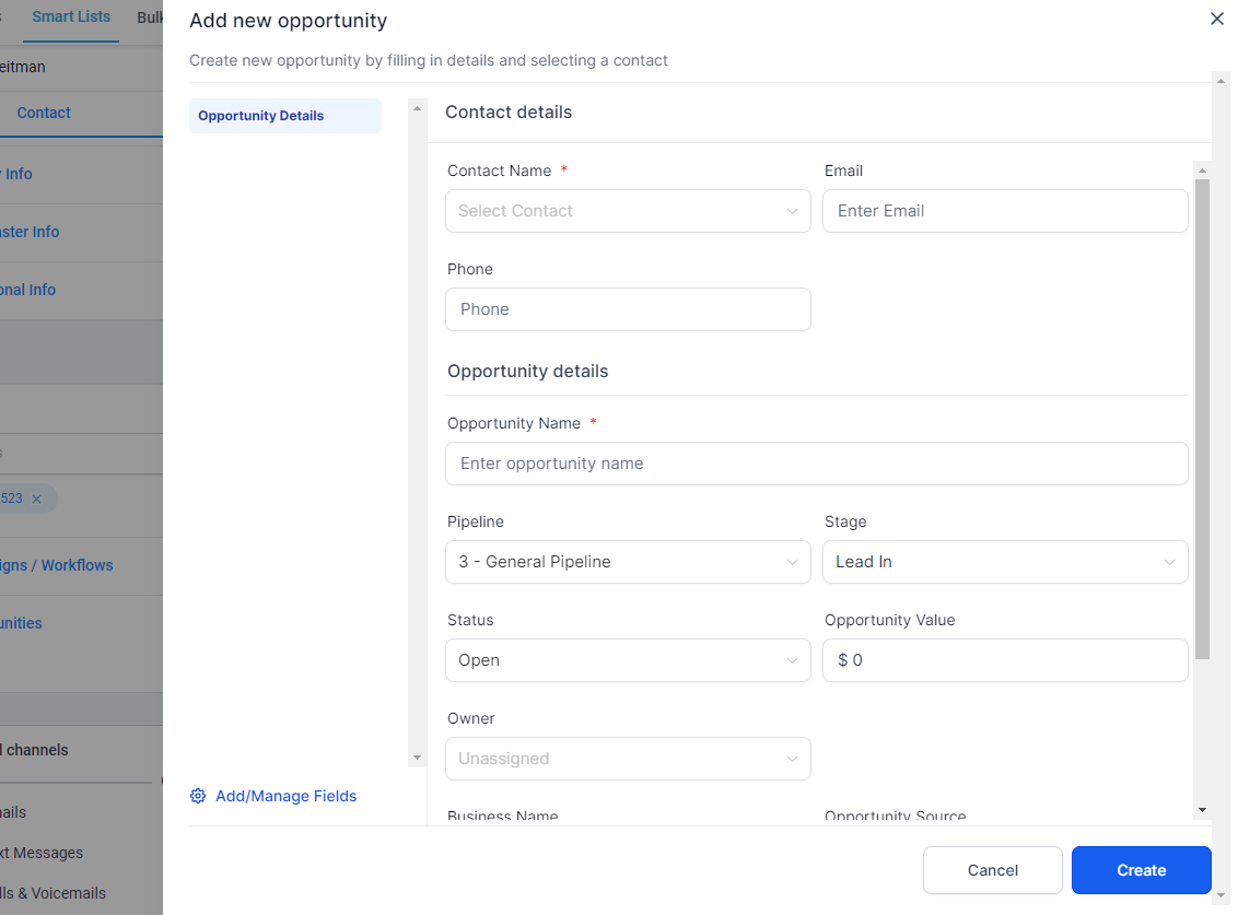 Autopopulate: Creating an Opportunity form a Contact | Voters | HighLevel