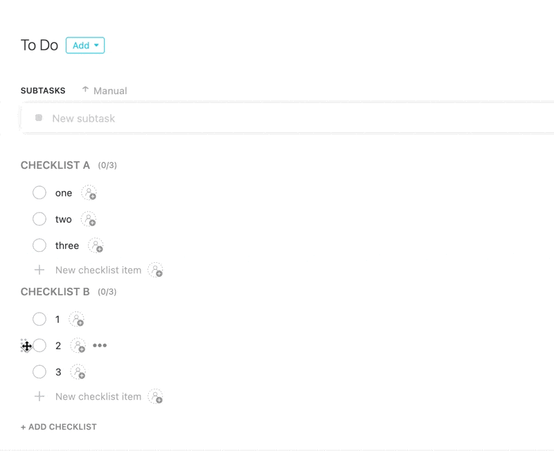 Drag checklist items in between different checklists | Voters | ClickUp